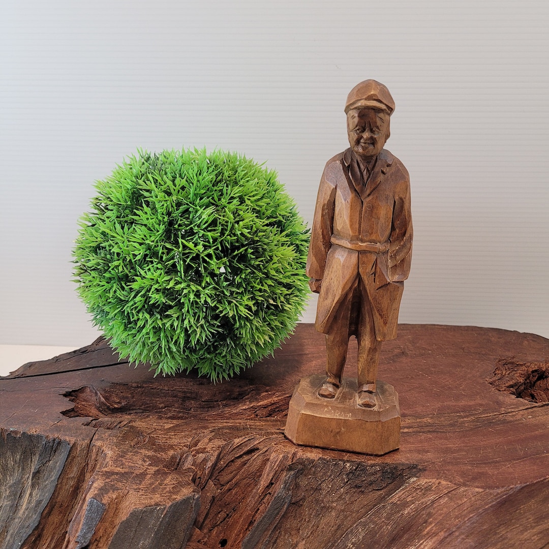 MCM Carved Old Fisherman Folk Art Statue Light Wood, Claude Caron Man ...