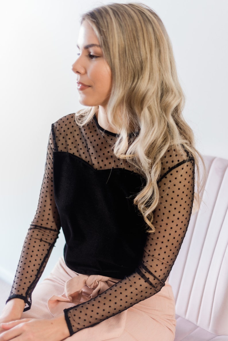 black-polka-dot-mesh-top-long-sleeve-polka-dot-blouse-sheer-etsy