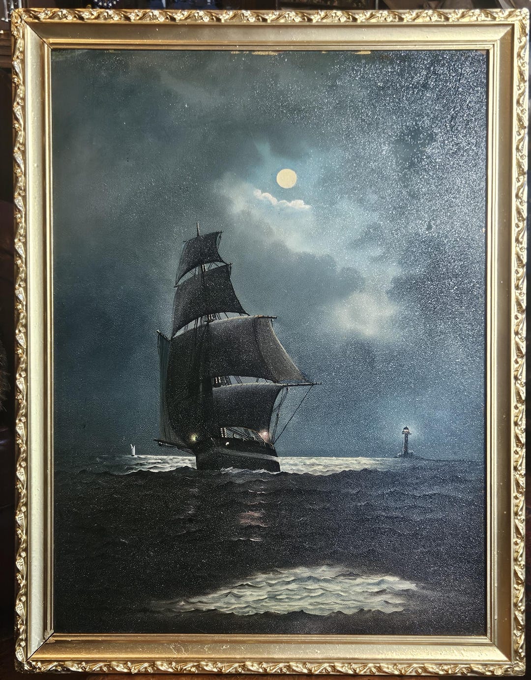 Full Moon, Fair Water, Original Oil on Board, Framed, 26x21" - Etsy