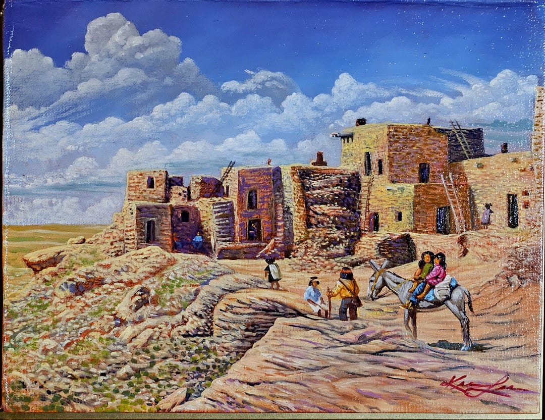 Hopi Village 1870, Original Oil on Board by Navajo Artist Kee Lee ...