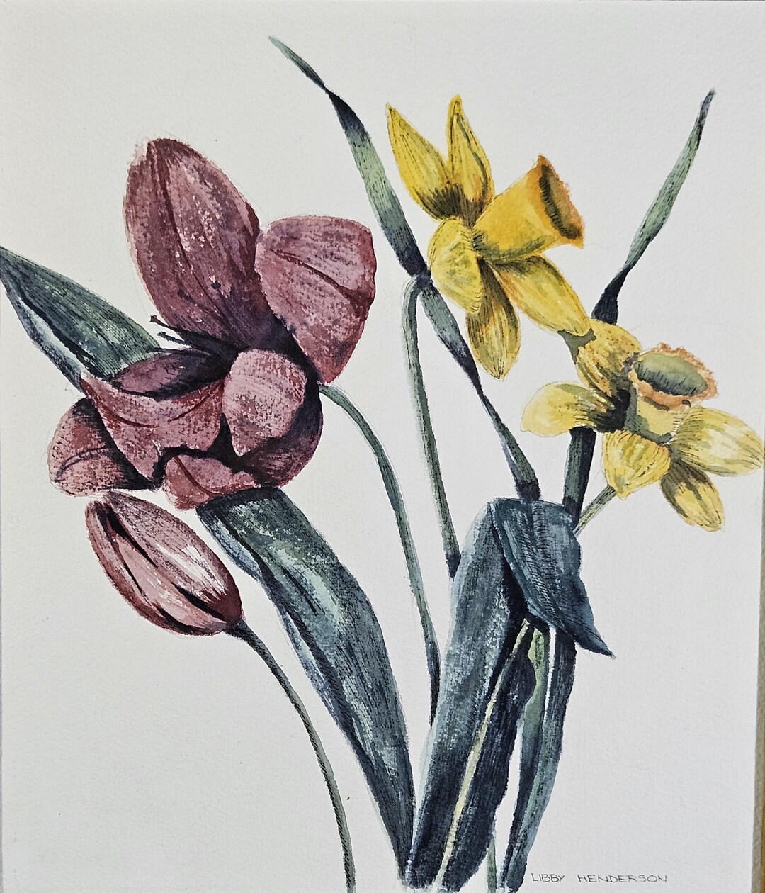 Tulips and Daffodils, Original Watercolor by Libby Henderson, Signed ...