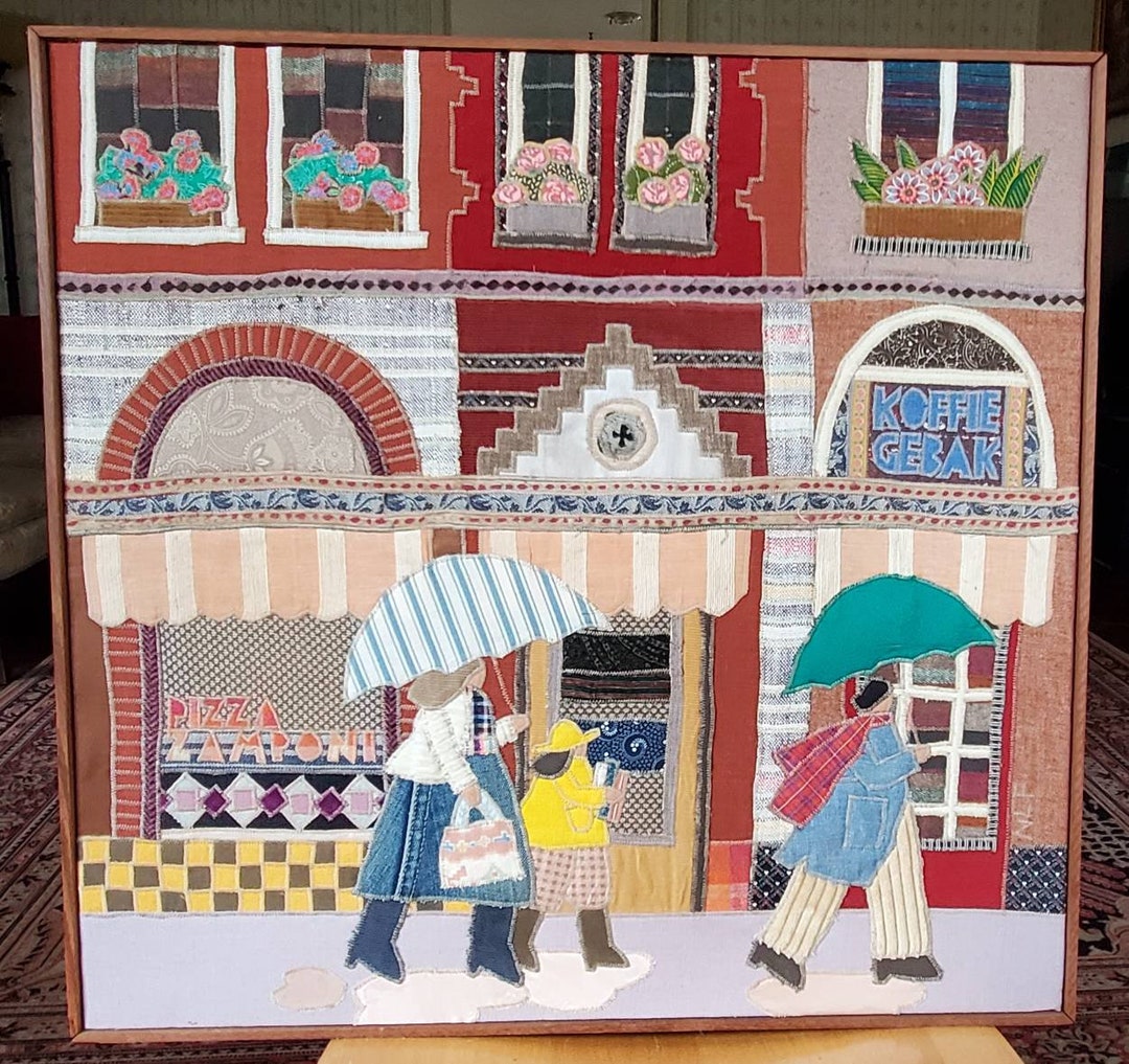 Patchwork Applique Quilted German Street Scene, Framed, Signed, 26x26 ...
