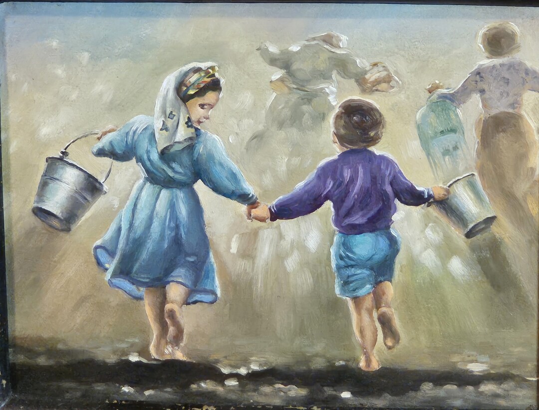 Children Running With Buckets, Vintage Oil on Board, Framed, 13x11" - Etsy