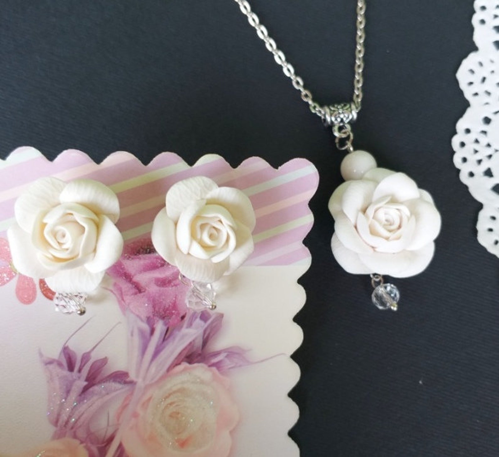 White Flower Jewelry Set. White Rose Necklace. White Rose Earring ...