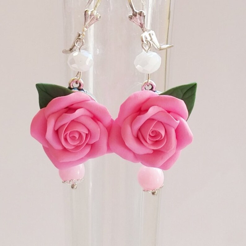Pink Rose Earrings Polymer Clay Earrings Rose Earrings Floral Etsy