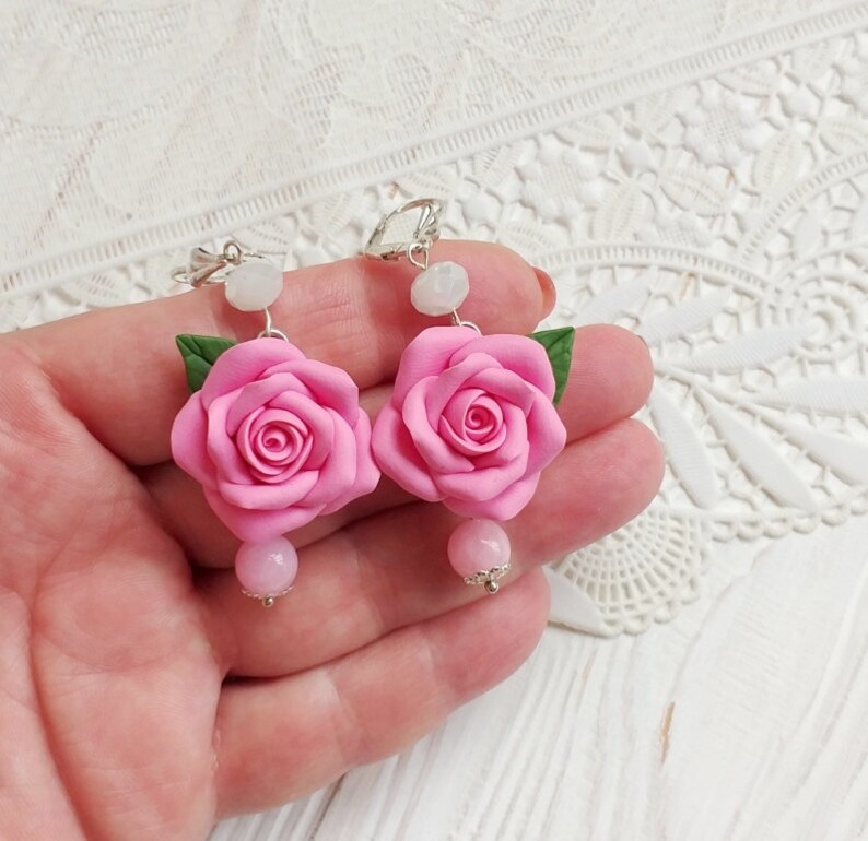 Pink Rose Earrings Polymer Clay Earrings Rose Earrings Floral Etsy