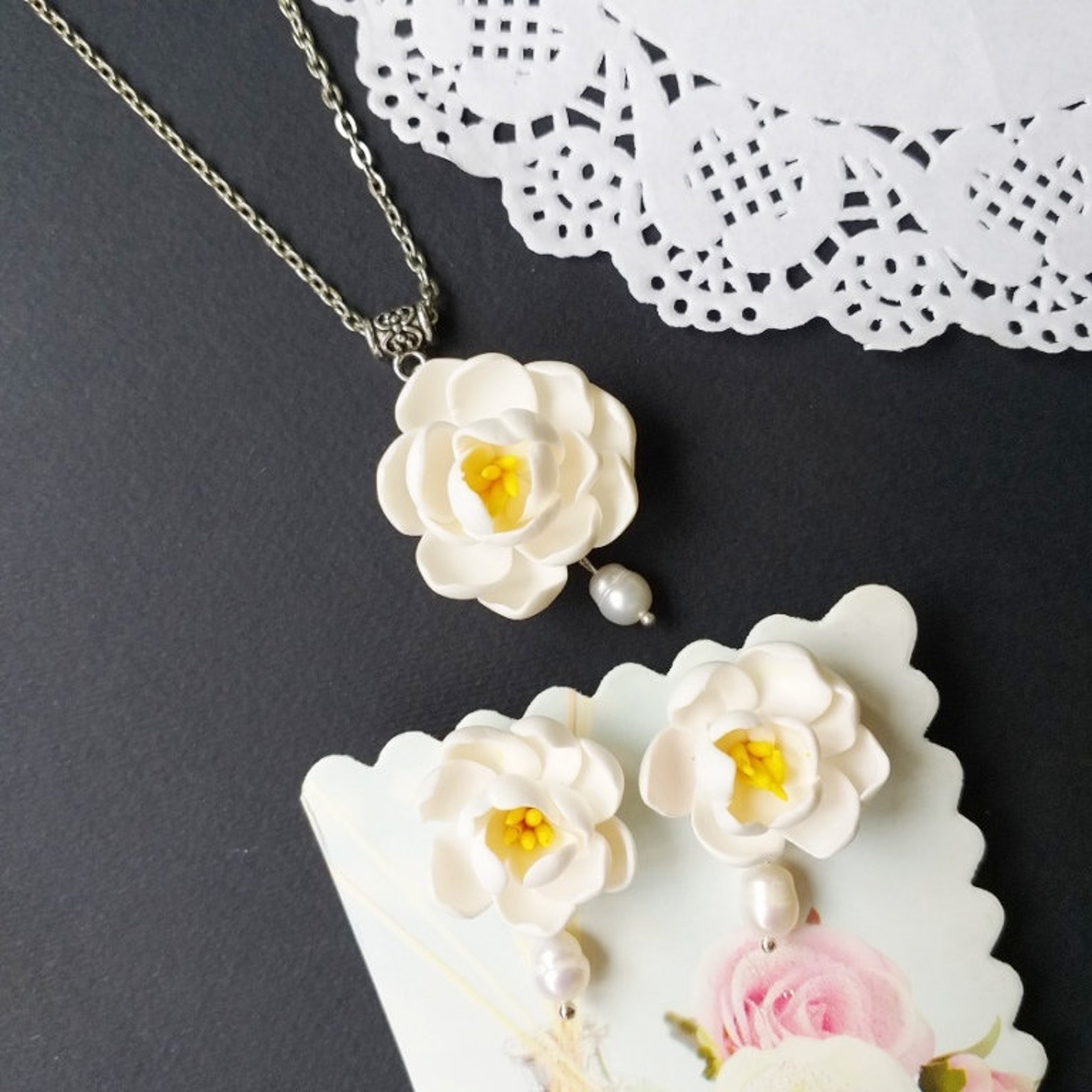 White Flower Jewelry Set. White Rose Necklace. White Rose Earring ...