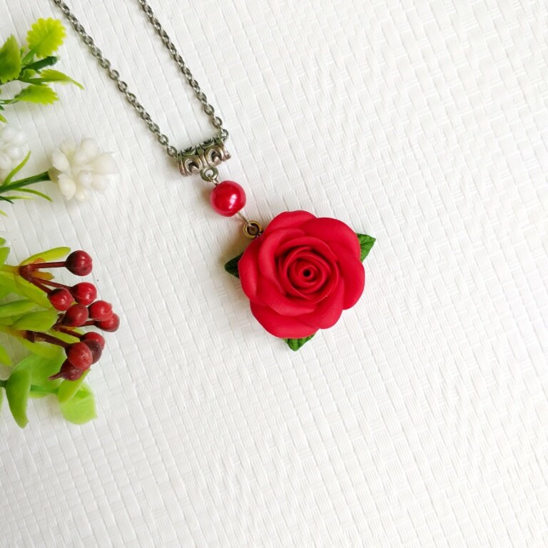 Red Flower Necklace - Red Rose Necklace - Polymer Clay Necklace - Gift ...