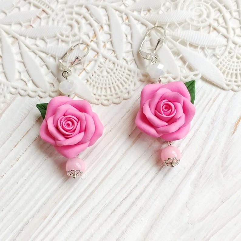 Pink Rose Earrings Polymer Clay Earrings Rose Earrings Floral Etsy