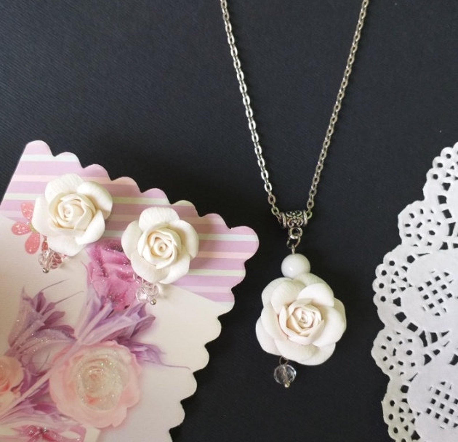 White Flower Jewelry Set. White Rose Necklace. White Rose Earring ...