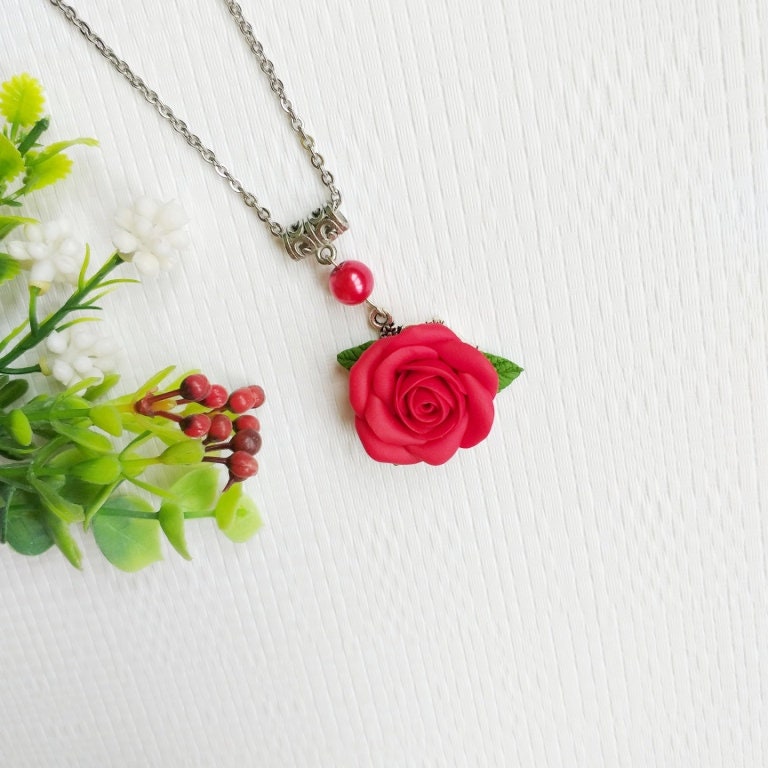 Red Flower Necklace - Red Rose Necklace - Polymer Clay Necklace - Gift ...