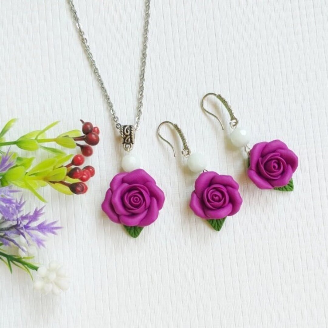 Purple Rose Set Necklace Earrings, Floral Jewelry Polymer Clay, Purple ...