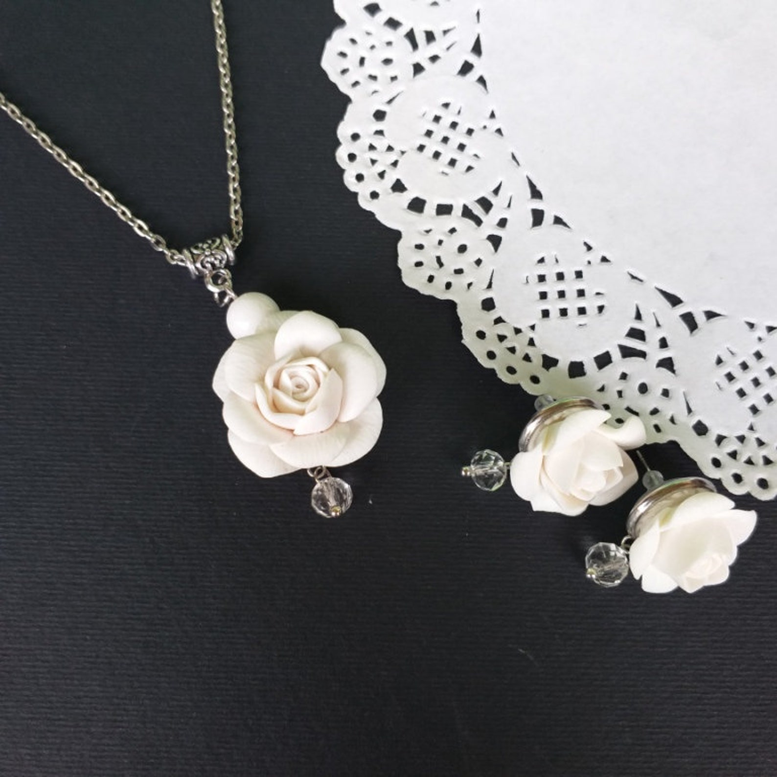 White Flower Jewelry Set. White Rose Necklace. White Rose Earring ...