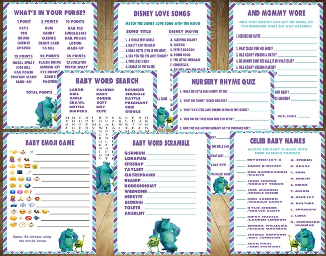 ALL 8 GAMES Monsters Inc Baby Shower Games, Monsters Inc Baby Shower ...