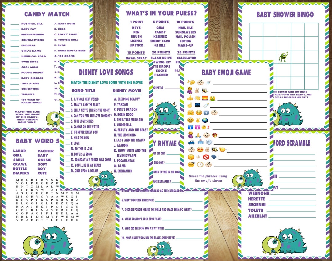 ALL 8 GAMES Monsters Inc Baby Shower Games, Monsters Inc Baby Shower ...
