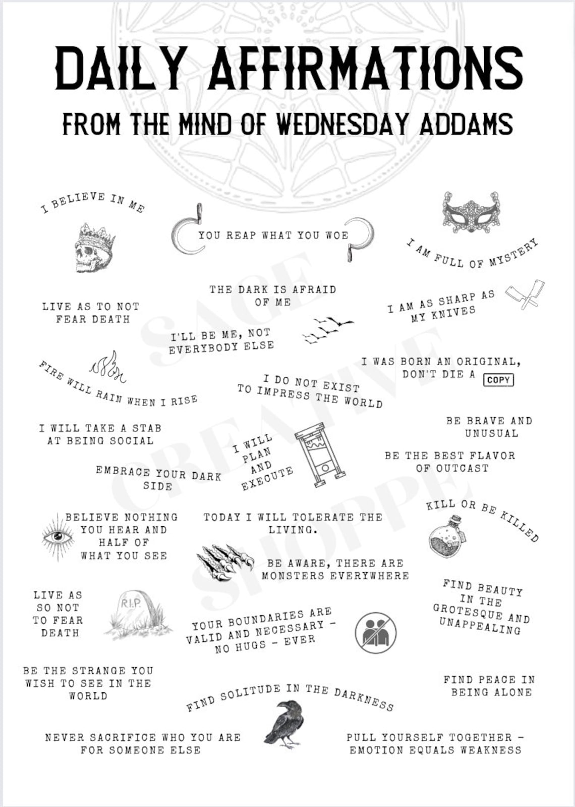 Daily Affirmations From the Mind of Wednesday Addams Print, Wednesday ...