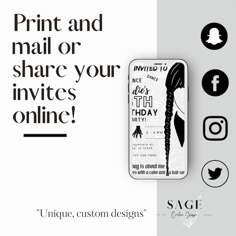 Wednesday Addams Birthday Invite - Kids Teens Digital Invite - Digital ...