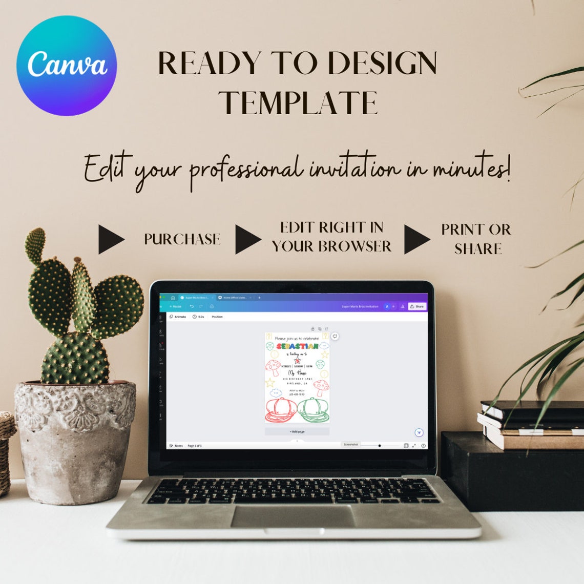 Super Mario Bros Invitation - Canva Editable Template - Super Mario ...