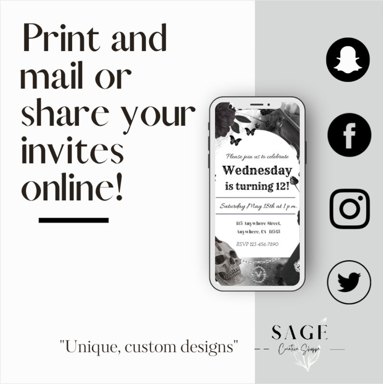 Wednesday Addams Birthday Invite - Kids Teens Digital Invite - Digital ...