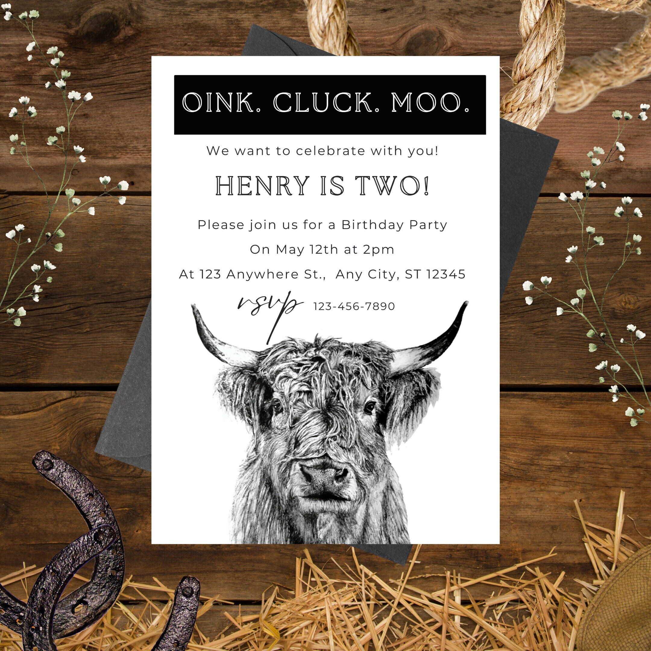 Farm Theme Kids Birthday Invitation - Highland Cow Invitation - Farm ...