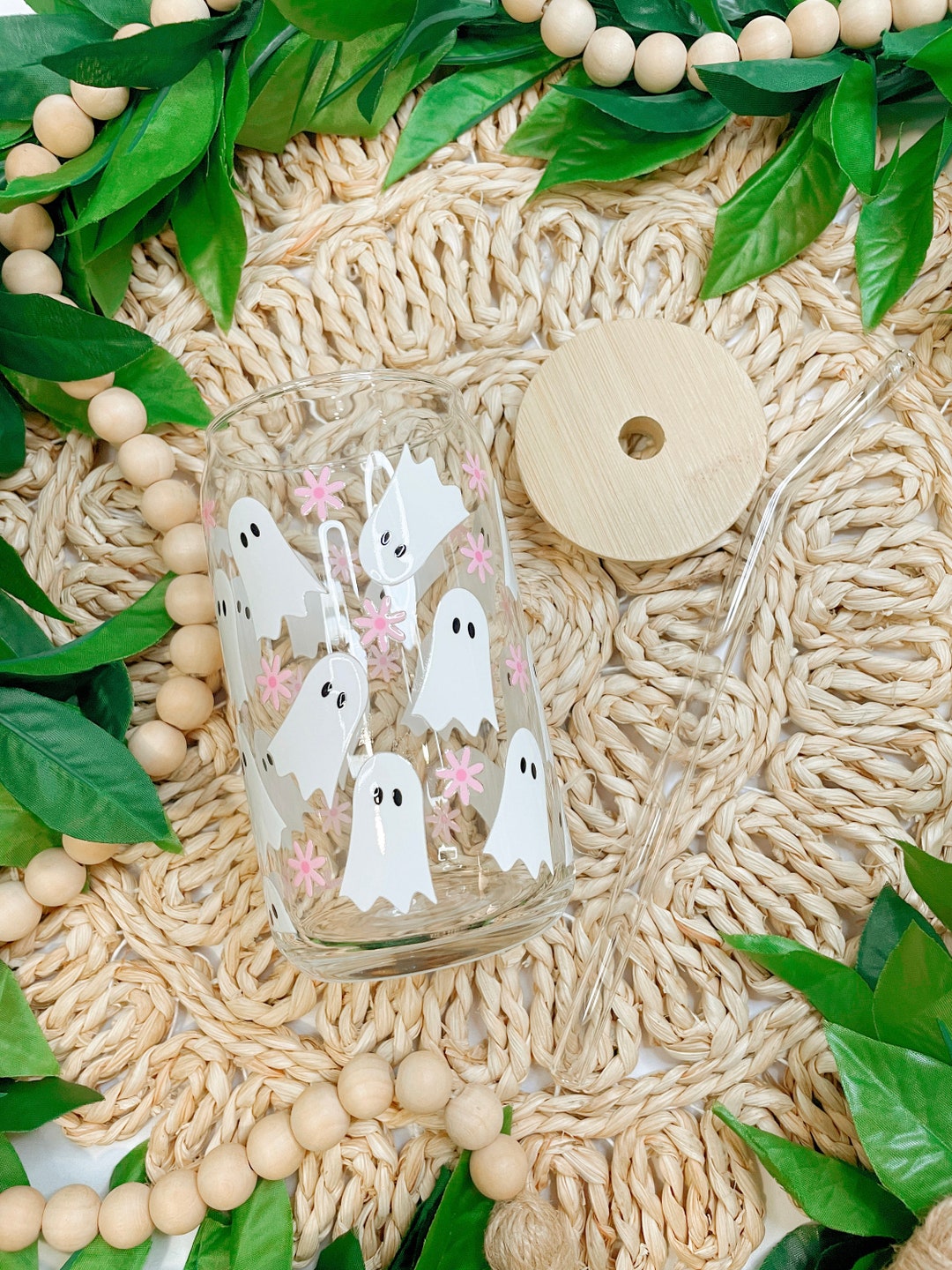 Mini Floral Ghost Glass Cup | Cute Ghost Cups 16 Oz W/ Lid + Straw ...