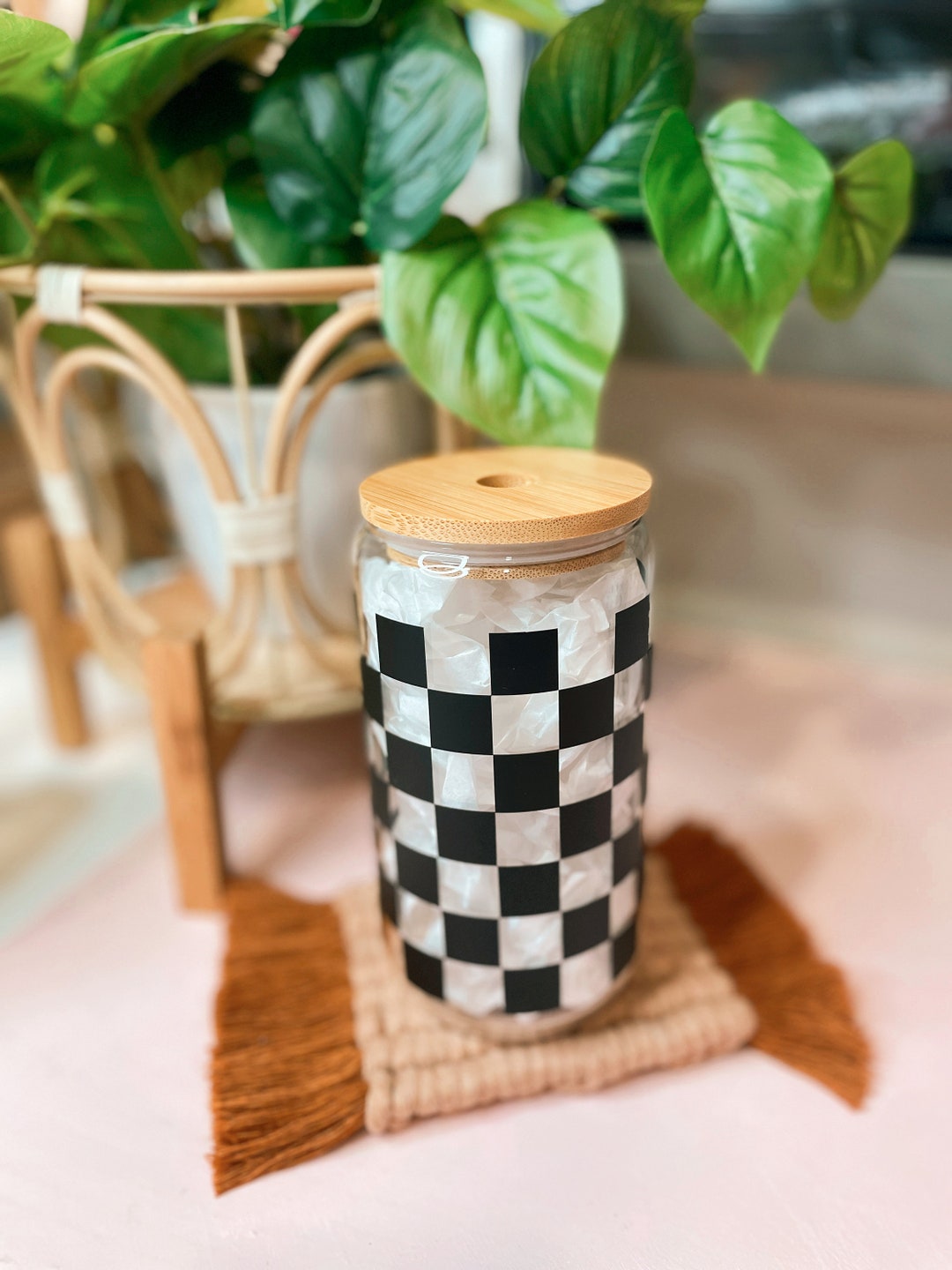 Checkered Glass Cup Retro Checker Pattern Cup Iced Coffee Cup 16 Oz ...