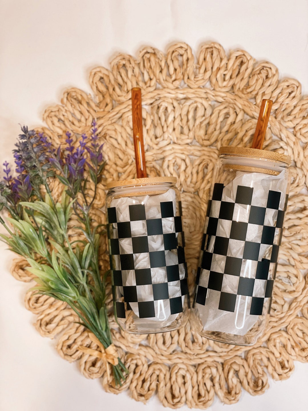 Checkered Glass Cup | Retro Checker Pattern Cup | Iced Coffee Cup | 16 ...