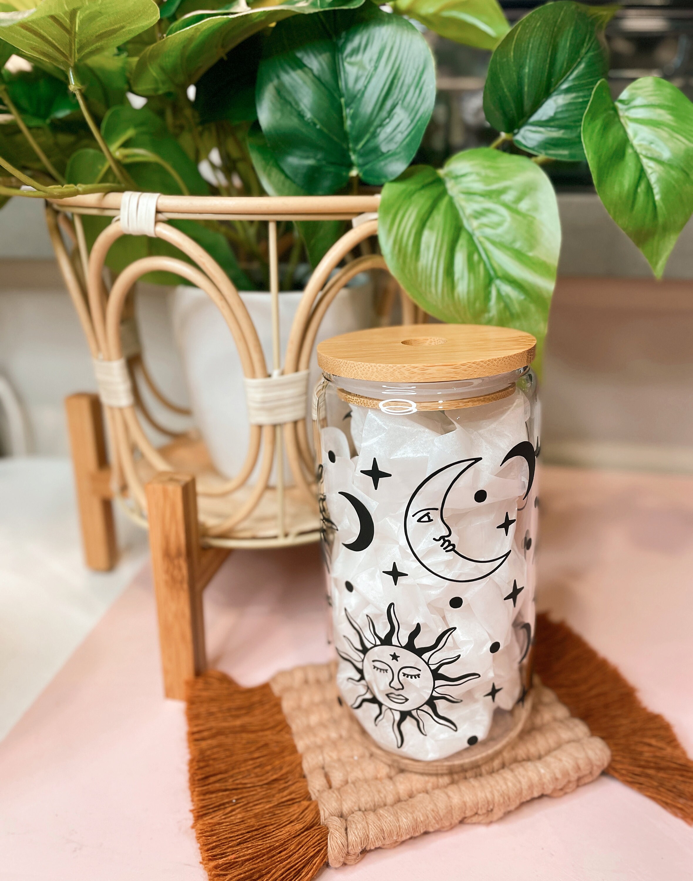 Moon Stars Glass Cup Celestial Coffee Cup Crescent Sun Gift for Her 16 ...