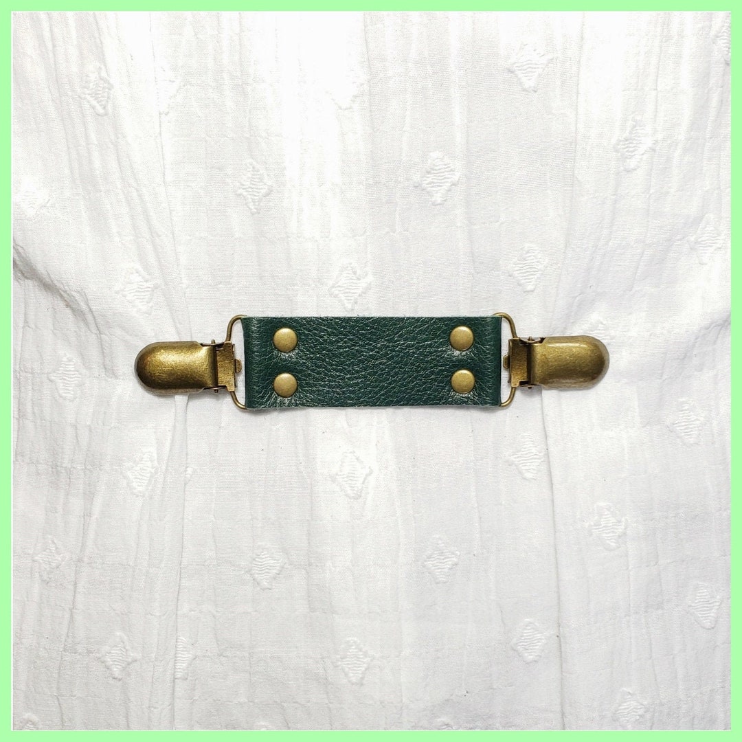 Green Leather Cinch Clip W/ Bronze Tone Clips. Dress Clip, Jacket Clip ...