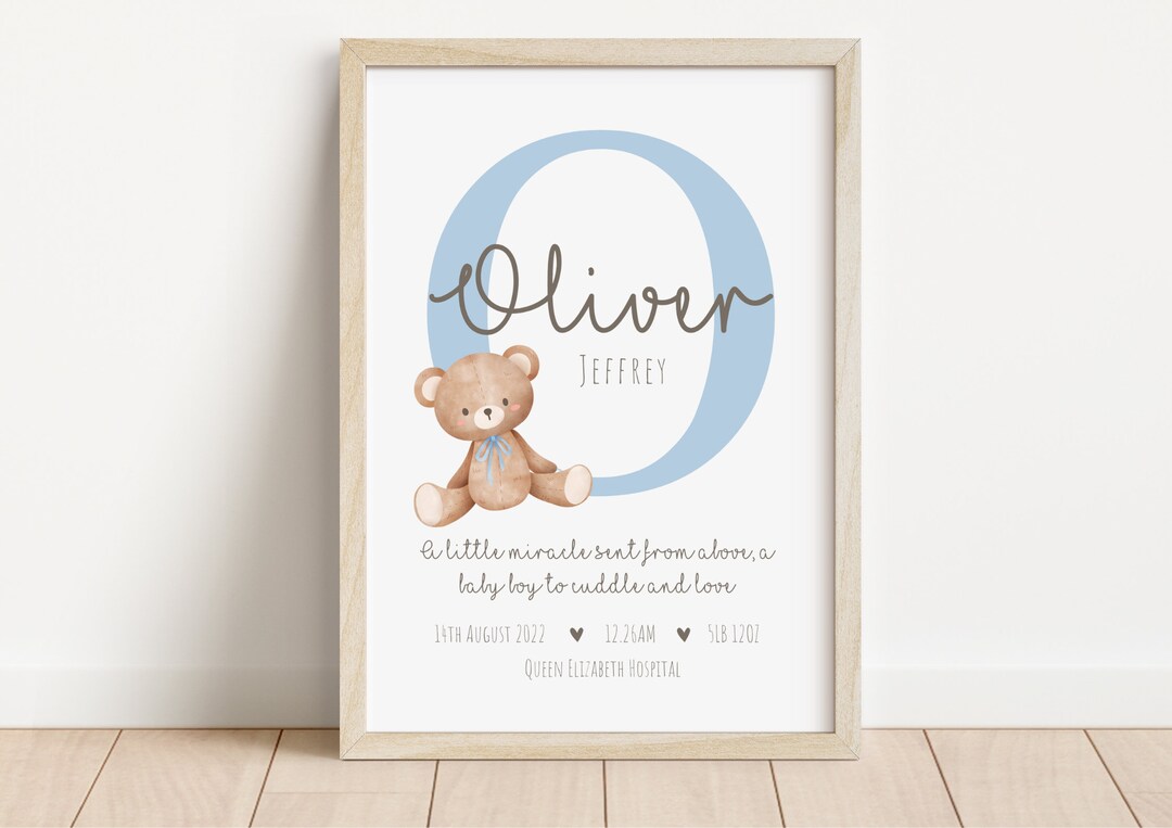 Teddy Bear Birth Announcement Print | Personalised Baby Birth Detail ...