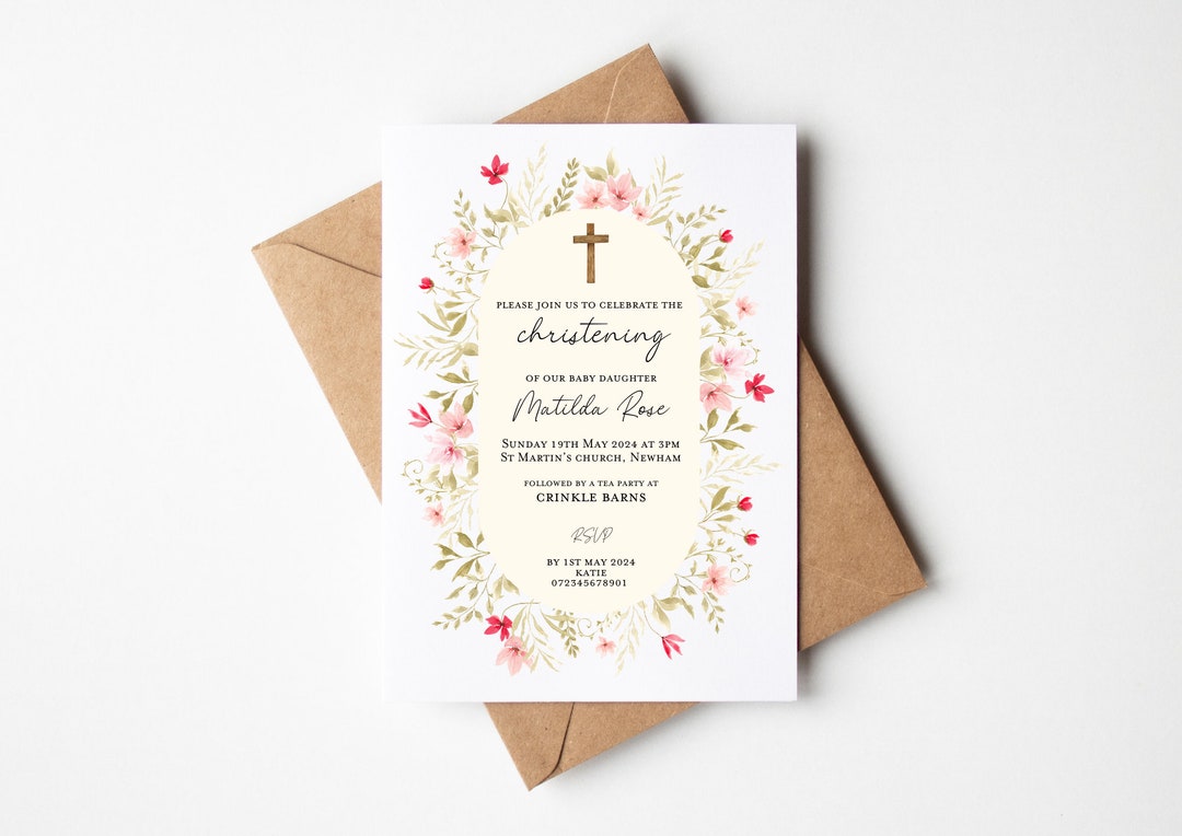 Floral Christening Baptism Personalised Invite | Christening Invites ...