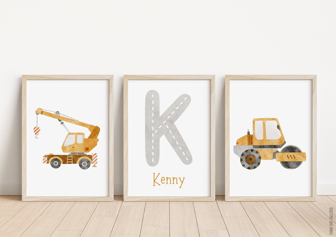 Set of 3 Digger Trucks Personalised Name Print | Construction Zone ...
