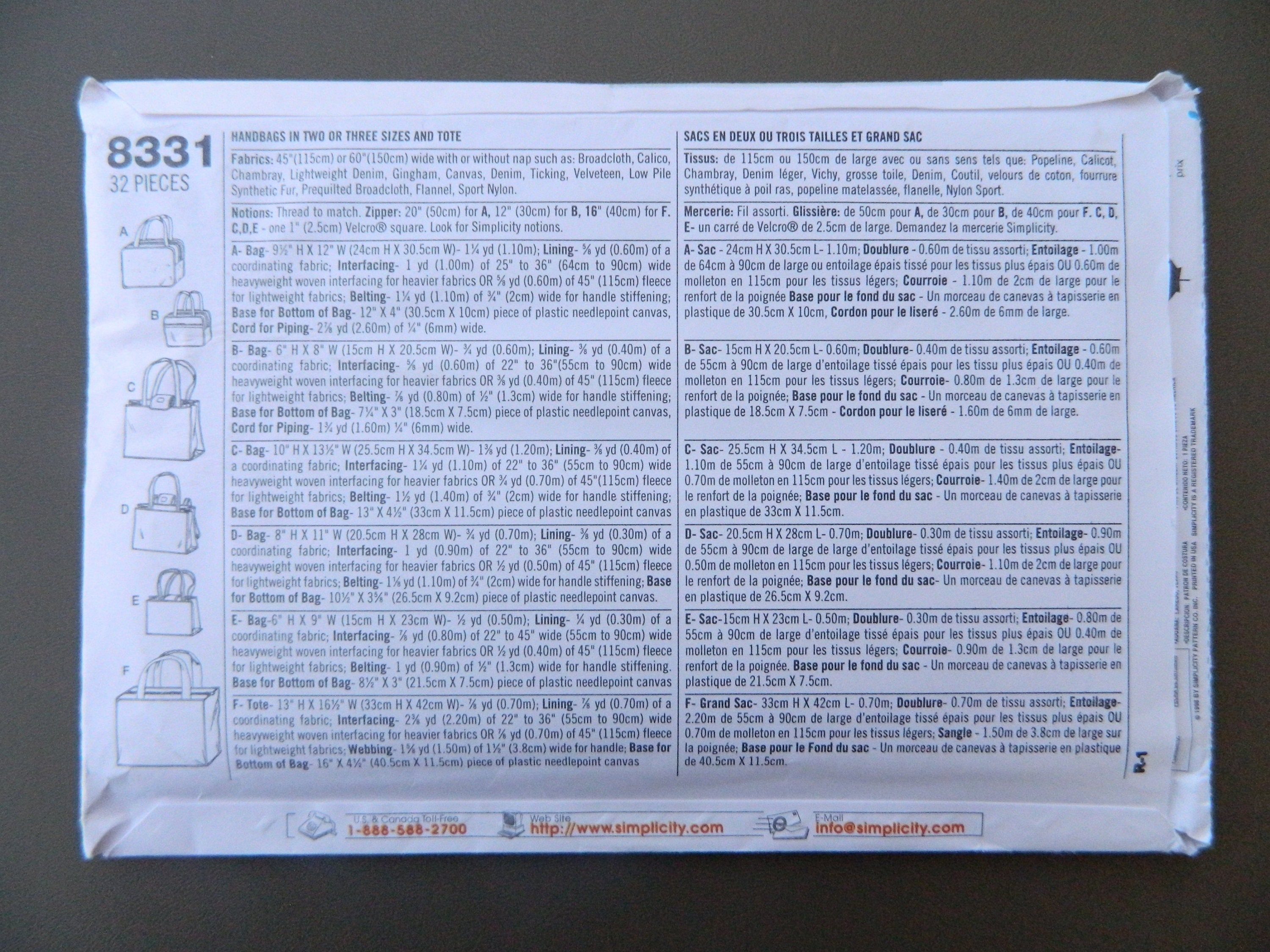 Hangbags in Various Sizes and Tote Uncut Simplicity 8331 Sewing Pattern ...