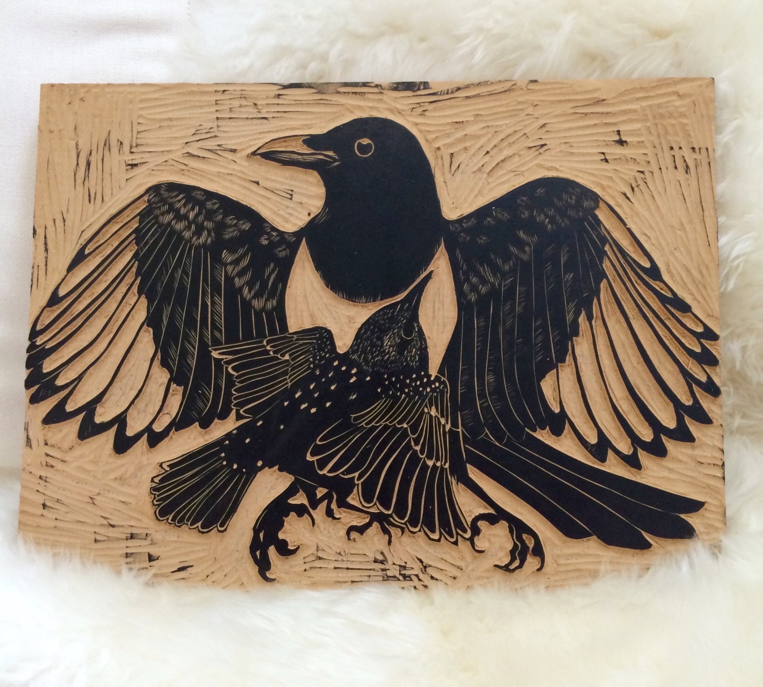 The Magpie & the Starling Linocut Print, Linoleum Cut Print, Unframed ...