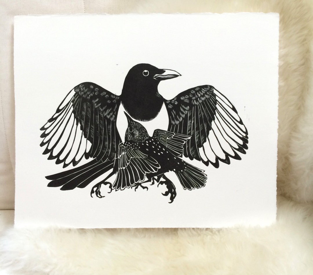 The Magpie & the Starling Linocut Print, Linoleum Cut Print, Unframed ...
