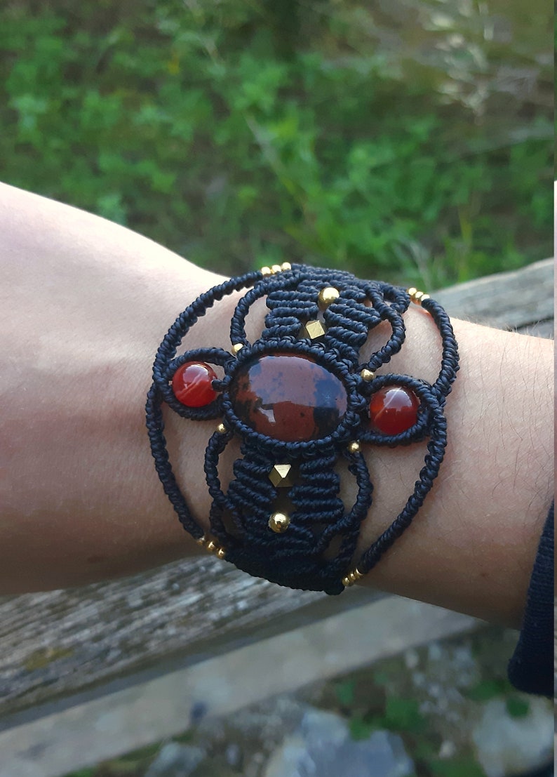 Macrame Tribal Cuff Bracelet With Red Jasper Stone Bohemian | Etsy