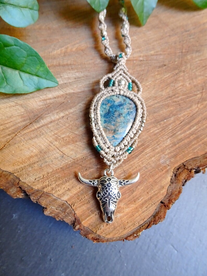 Buffalo Skull Azurite Necklace Bohemian Macrame Necklace | Etsy