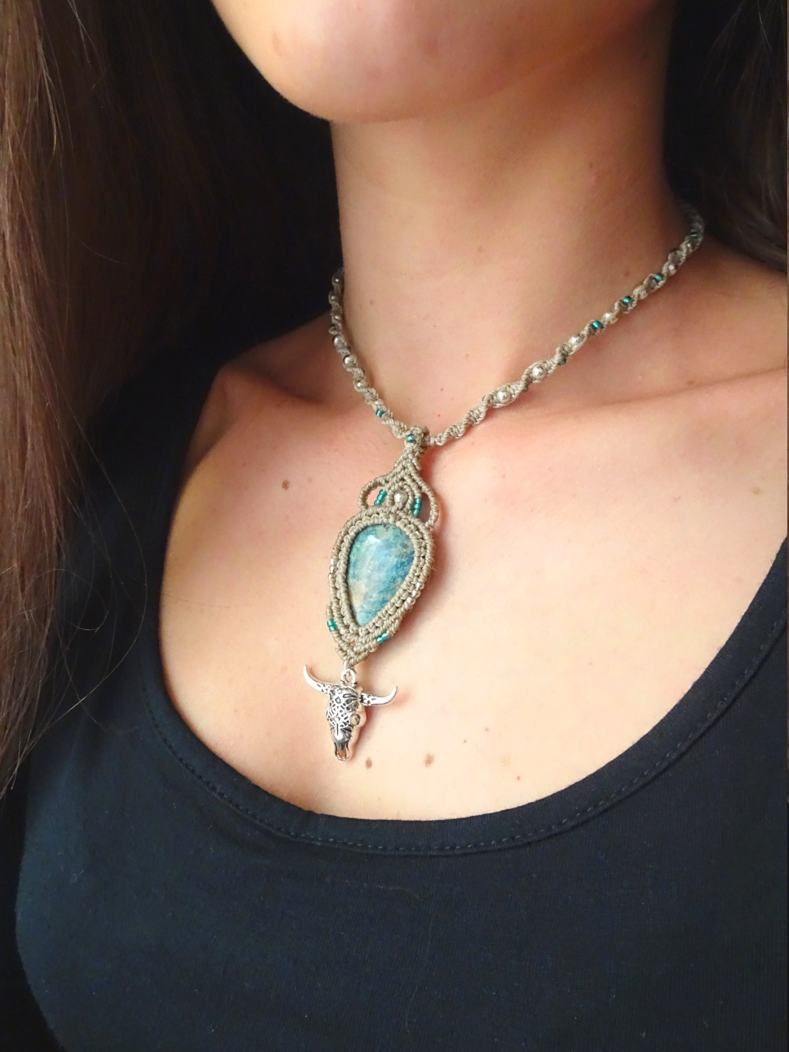 Buffalo Skull Azurite Necklace Bohemian Macrame Necklace | Etsy