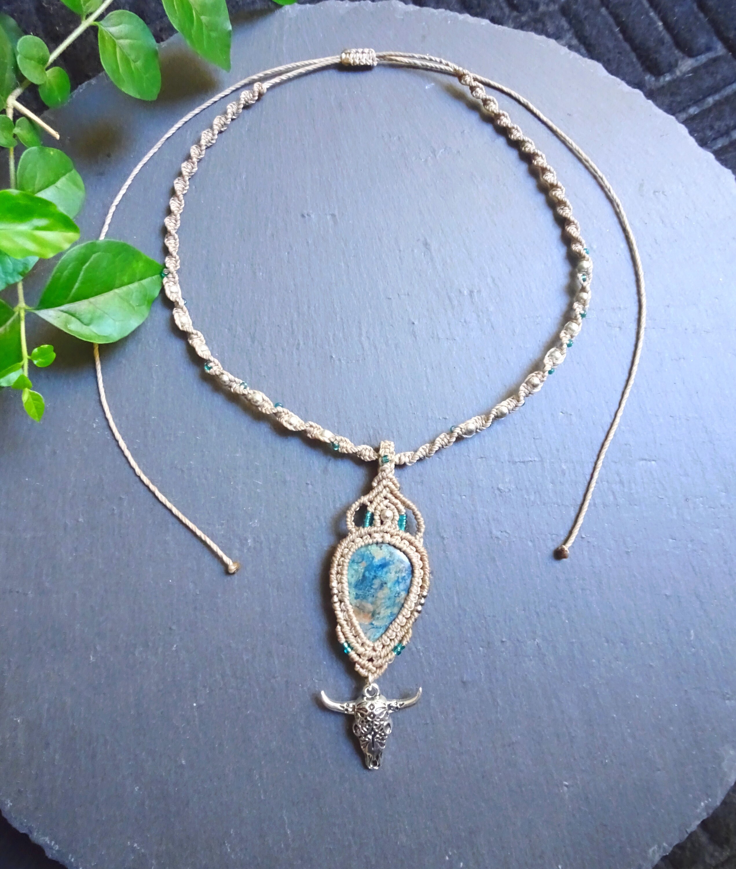 Buffalo Skull Azurite Necklace Bohemian Macrame Necklace - Etsy