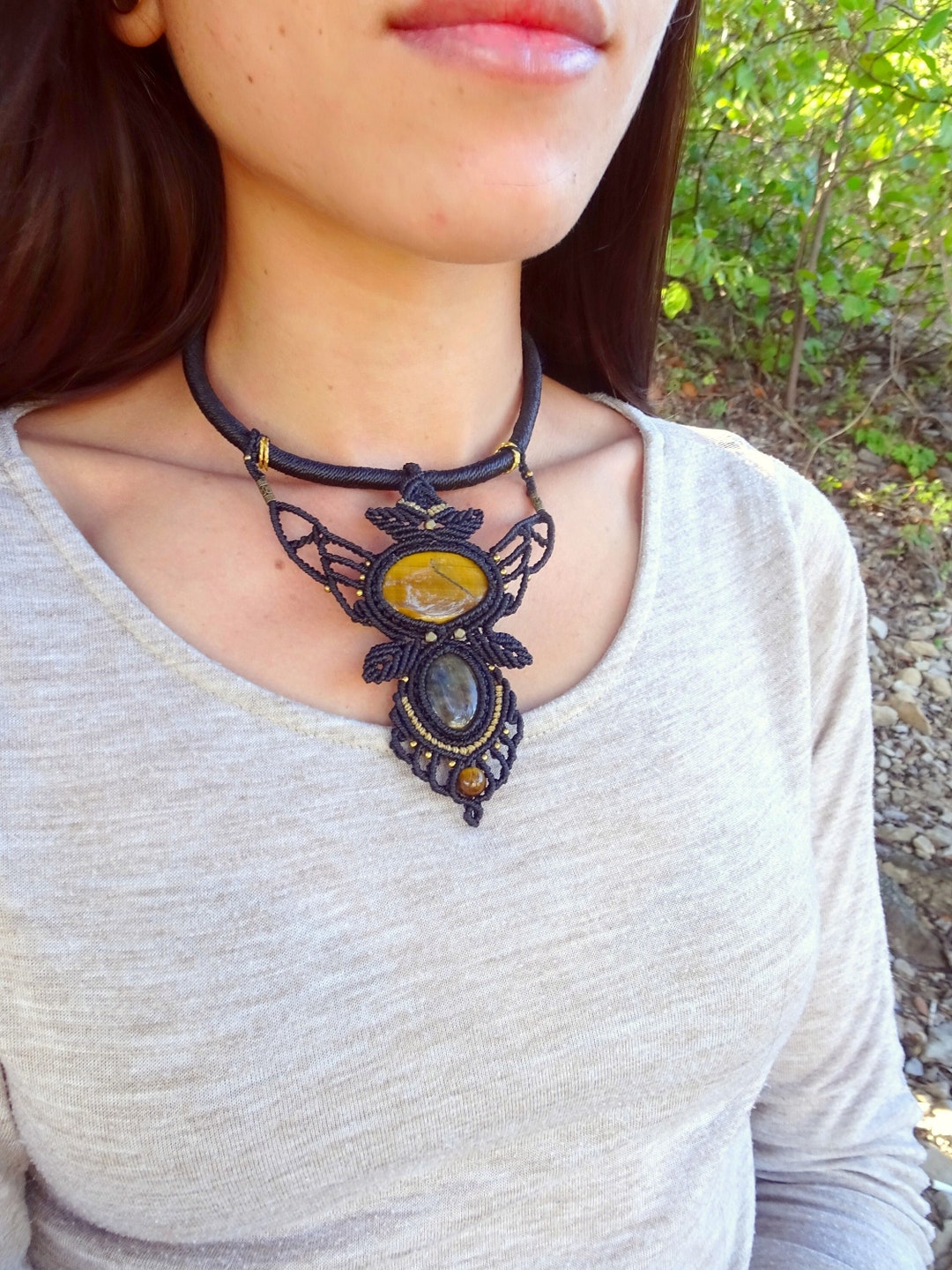 Macrame Plastron Torque Bib Necklace Gothic Tribal Festival Tiger Eye ...