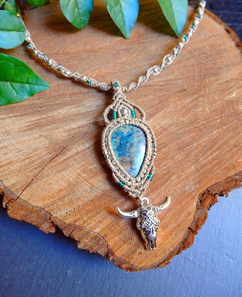 Buffalo Skull Azurite Necklace Bohemian Macrame Necklace | Etsy