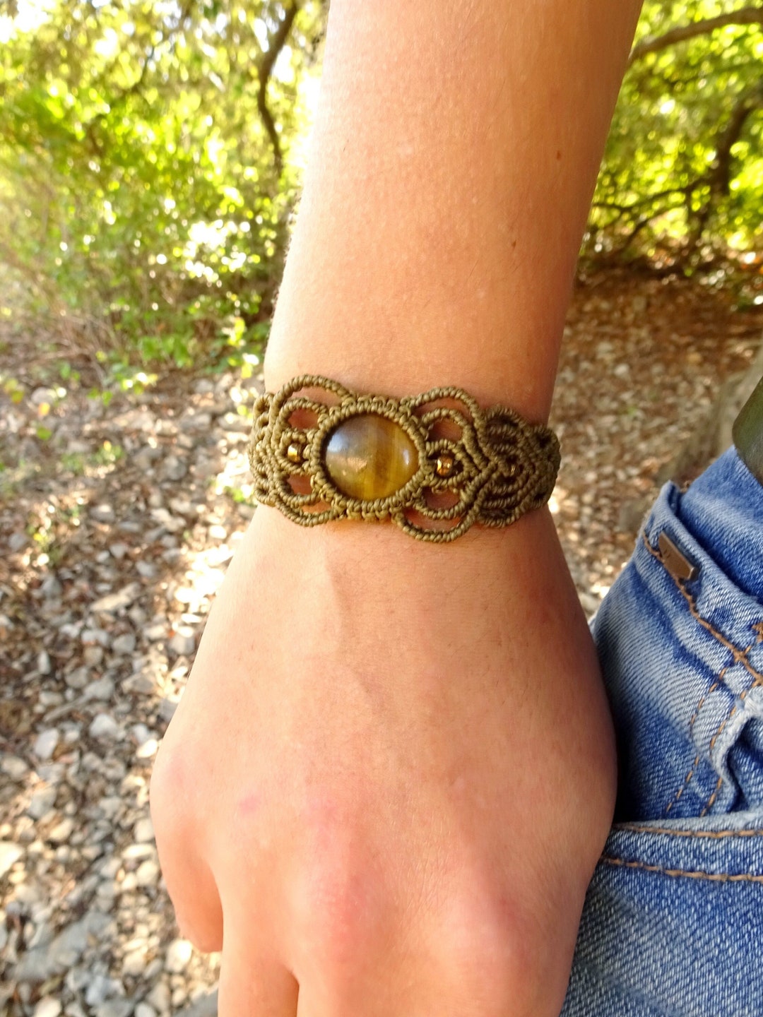 Macrame Bracelet Eye Tiger Stone Light Brown Natural Jewelry - Etsy