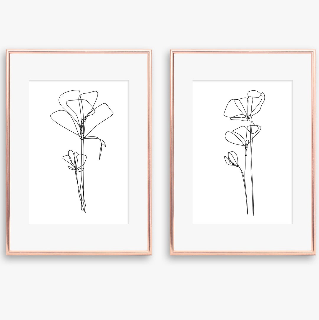 SET One Line Floral Drawing Printable One Line Flower Poppies - Etsy