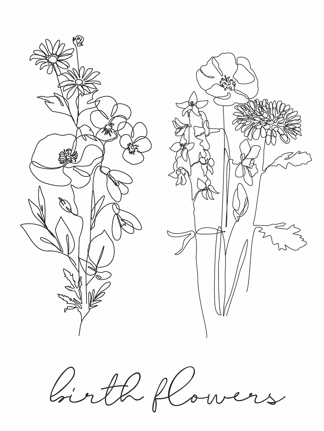 Birth Flowers Line Art, Digital Family Flower Bouquet Line Art, Tattoo ...