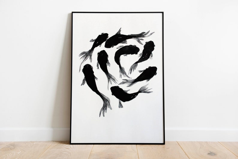 Black Fish Print Watercolor Painting Black Koi Fish Poster | Etsy