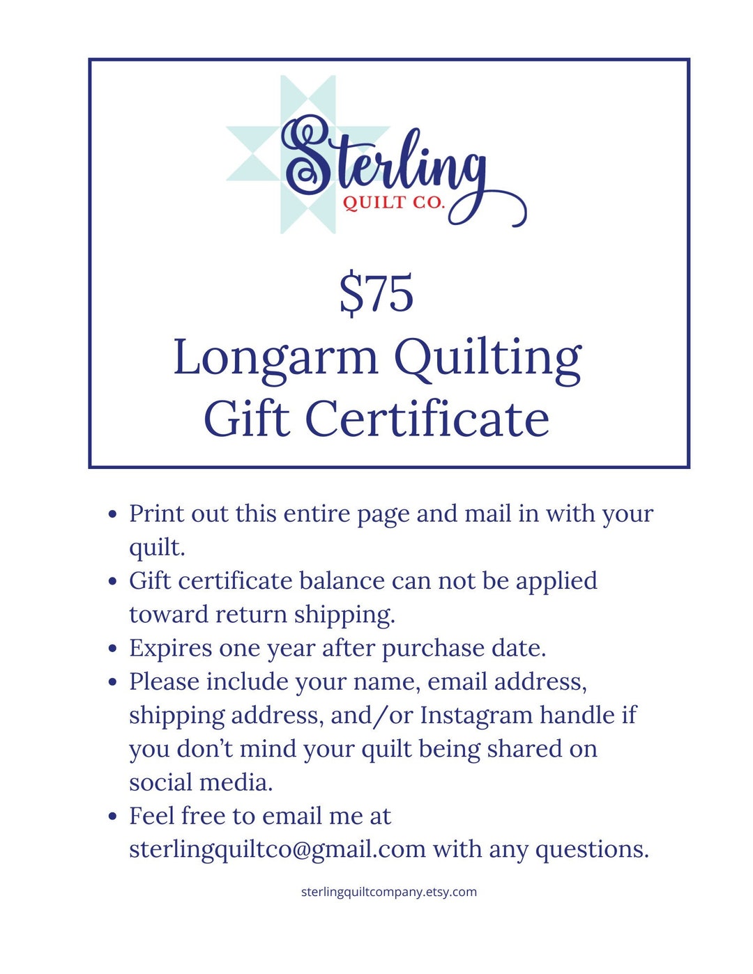 Longarm Quilting Gift Certificate, Quilting Gift Card, Gift for Quilter, Gift for Her, Gift for ...