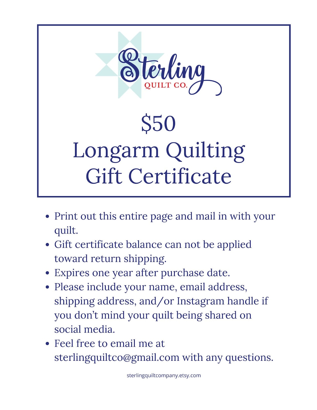 Longarm Quilting Gift Certificate, Quilting Gift Card, Gift for Quilter ...