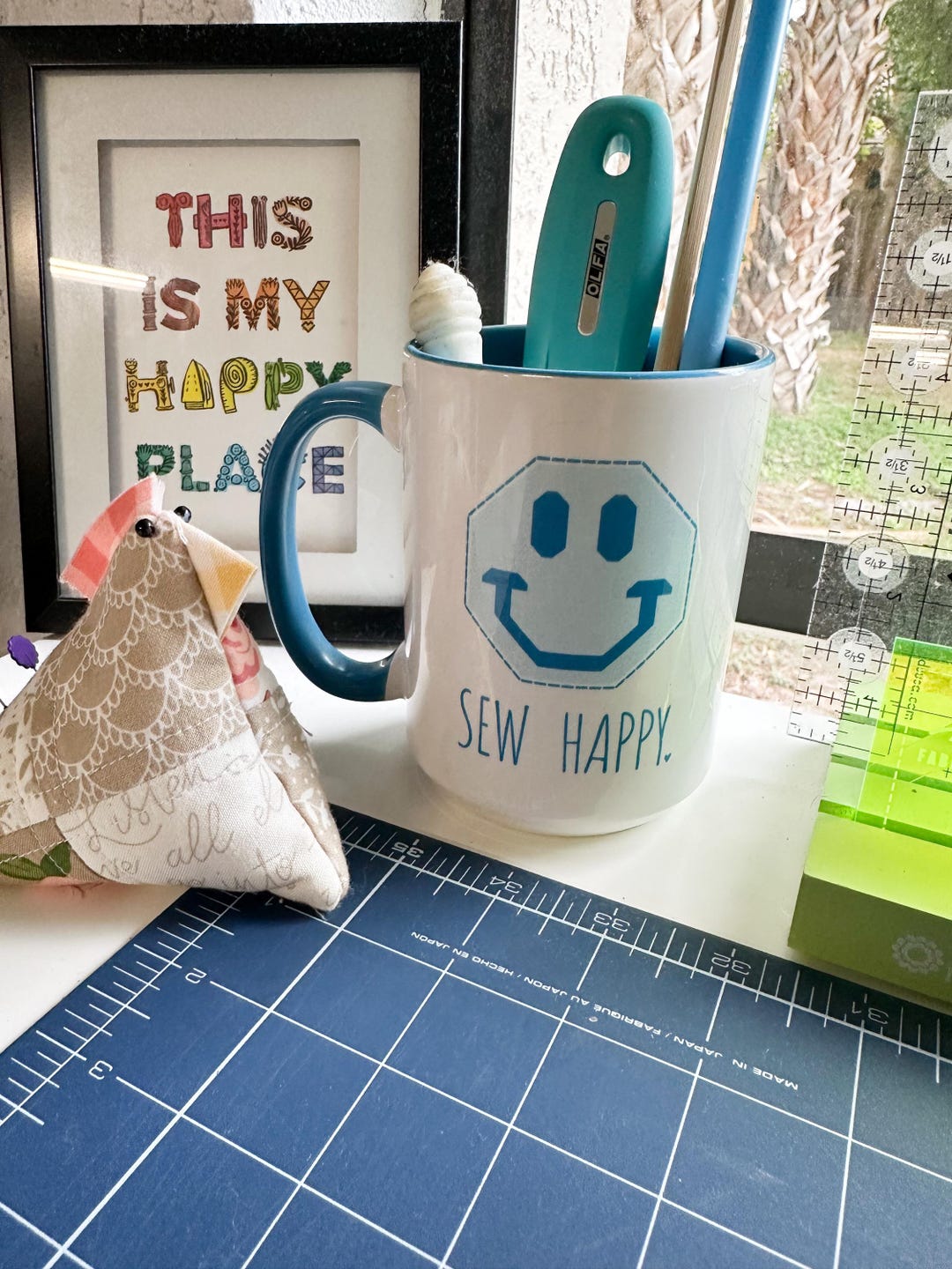 Sew Happy Smiley Face Quilt Block Mug Gift for Quilter Sewing Room ...