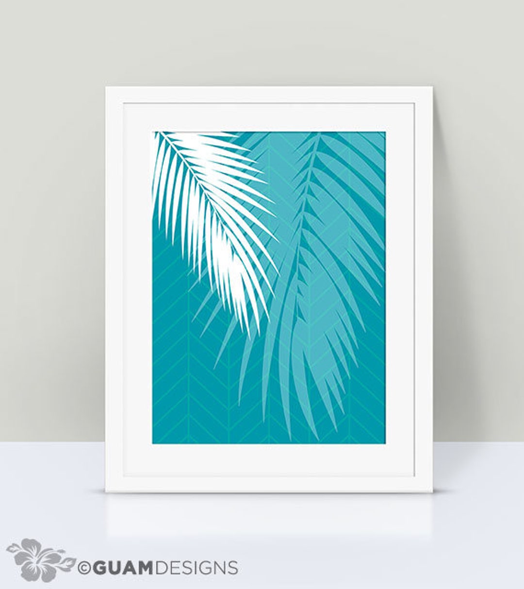 Coconut Tree Leaf Art, Tropical Palm Tree Blue Art, Guam Island Print ...
