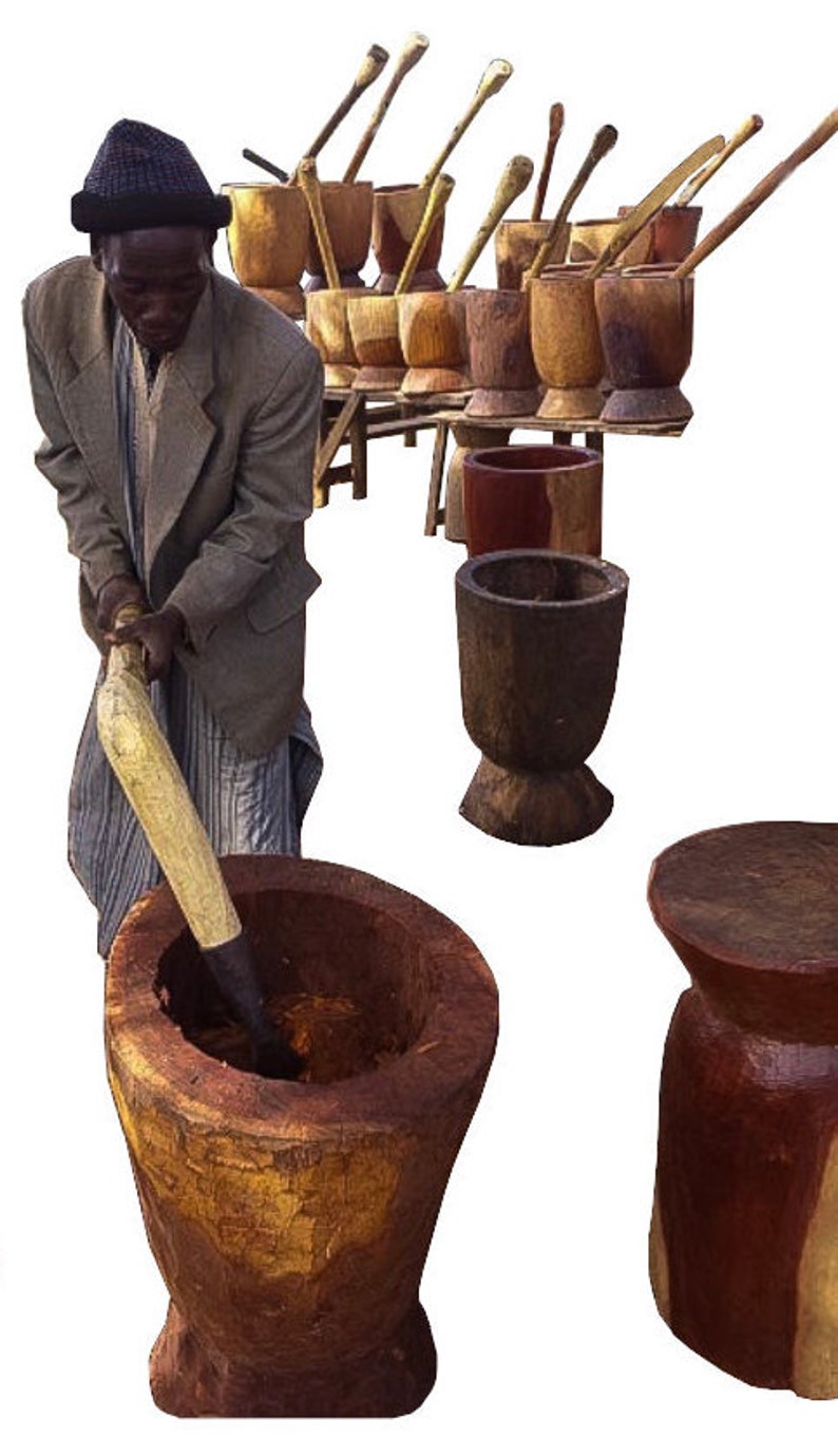 Handmade African Mortar and Pestle Rustic Wood Cooking Tool for Pounded Yam Fufu Herbs Spices ...
